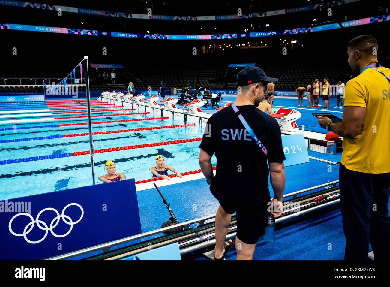 Paris. France, 26/07/2024, Sarah Sjöström, Michelle Coleman and Antonio Lutula, coach of, Sweden ...