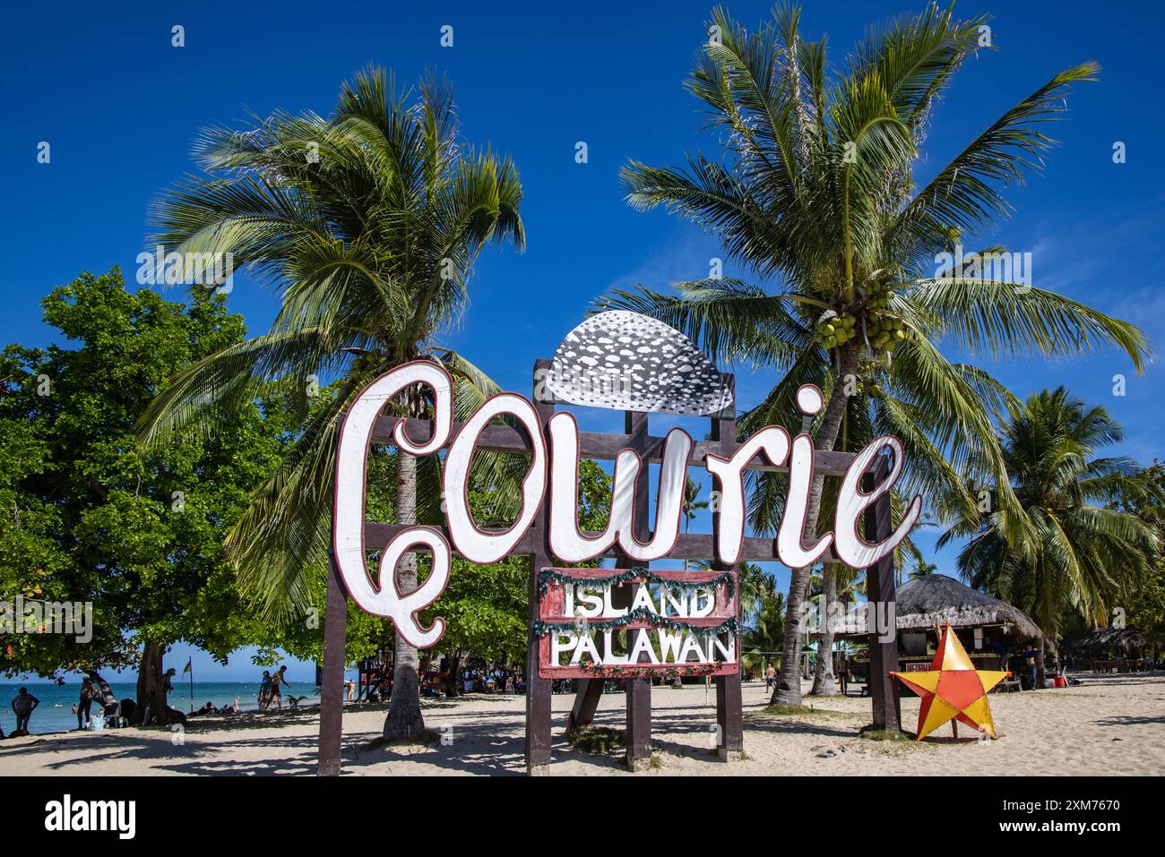Sign for Cowrie Island and coconut trees, Honda Bay, near Puerto ...
