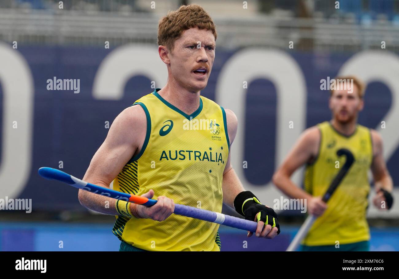 FILE - Australia's Matthew Dawson runs the pitch during a men's field ...