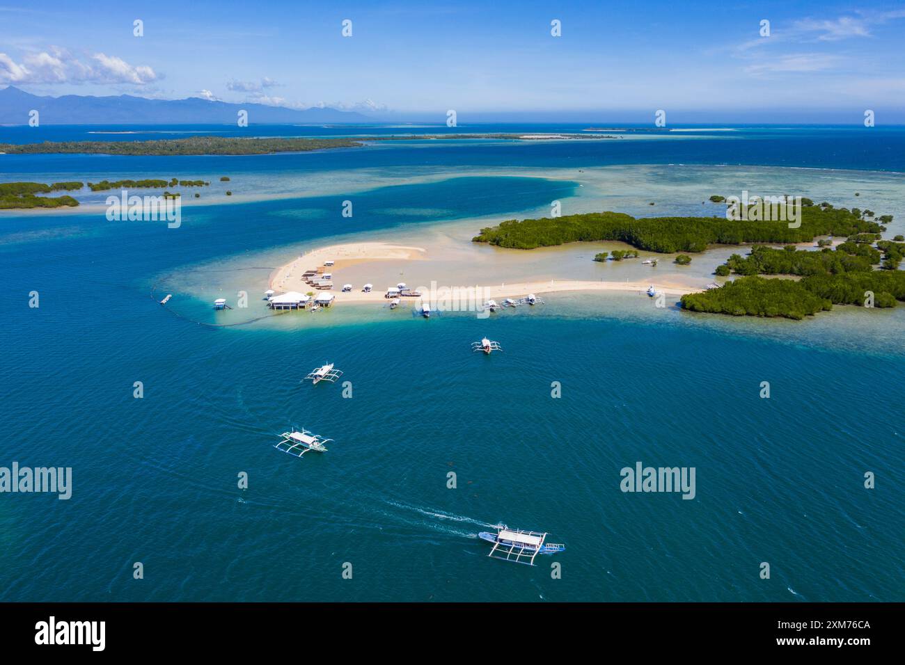 Aerial photographs of sandbar and Bangka outrigger canoe tour boats on ...