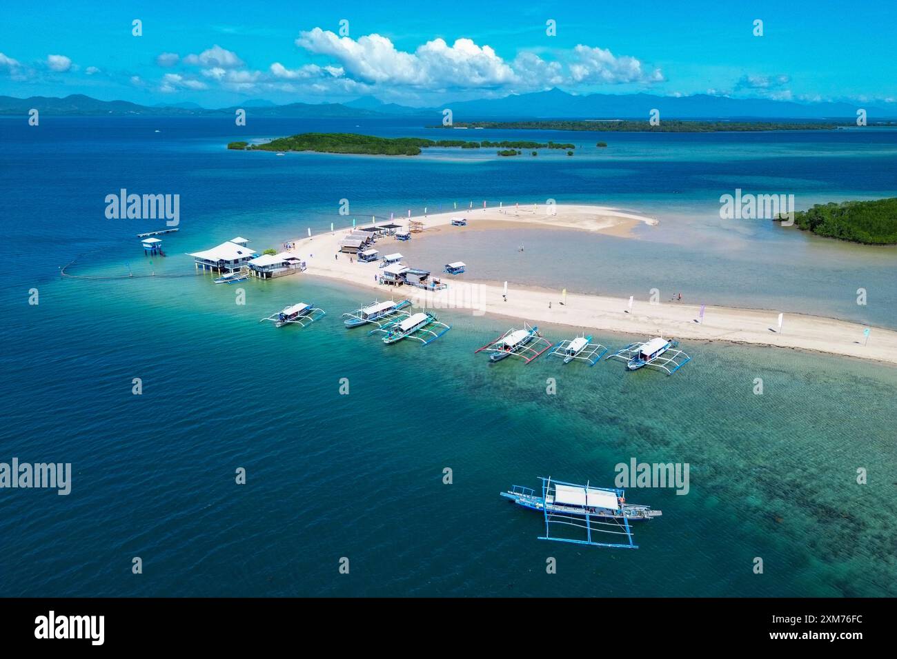 Aerial view of sandbar and Bangka outrigger canoe tour boats on Luli ...