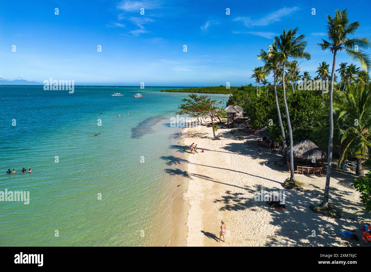 Aerial view of people on beach with coconut trees on Cowrie Island ...