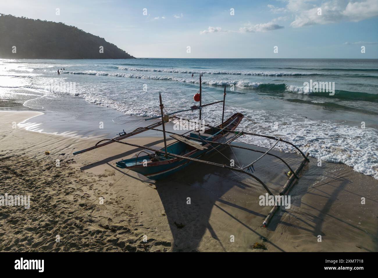 Aerial view of a Bangka outrigger canoe at Nagtabon Beach, Bacungan ...