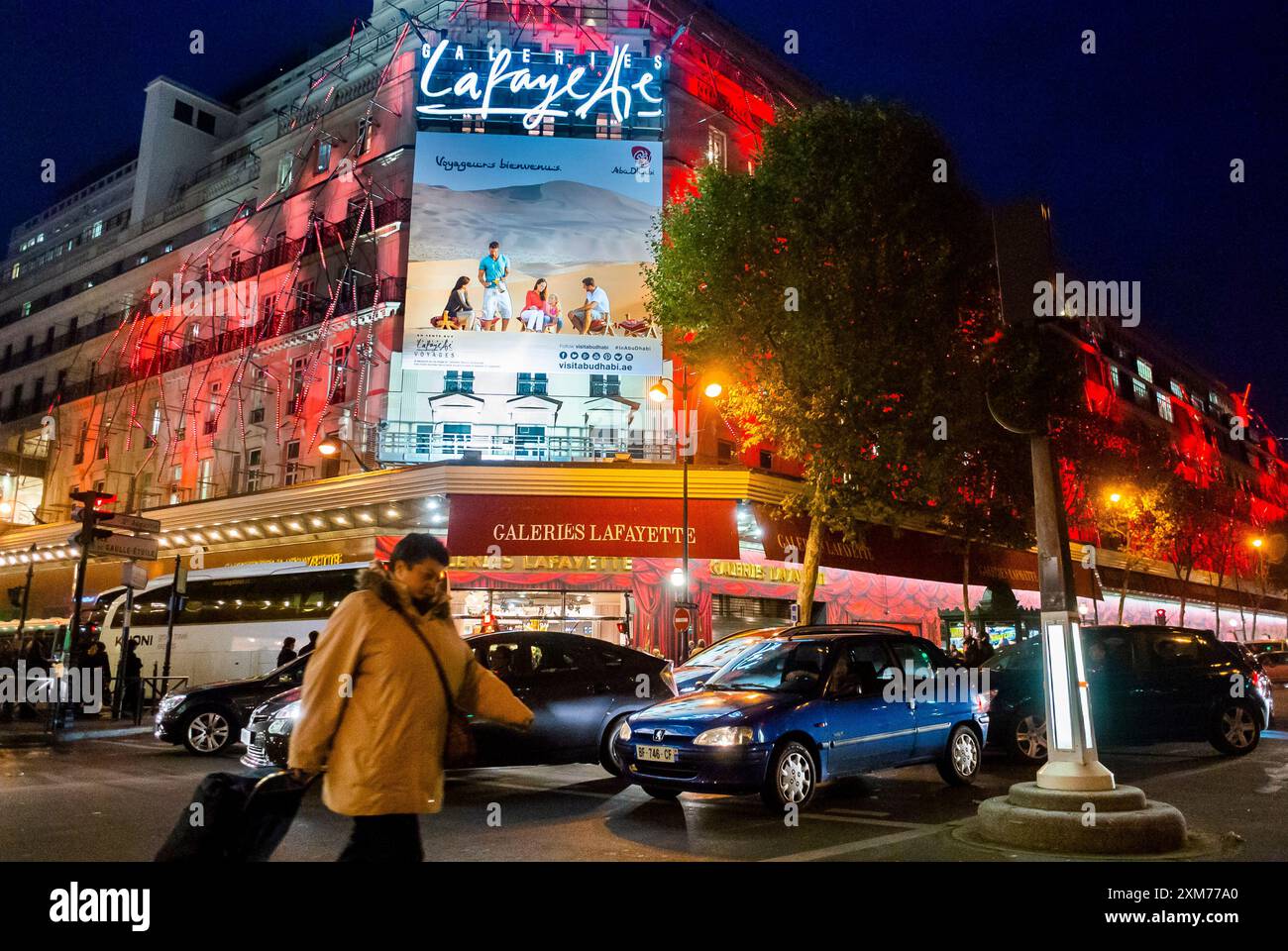 Paris, France, French Department Store Lit up at Night, Busy Street ...