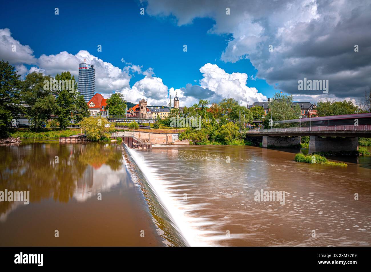 Saale weir and bridge in Jena im Paradies with the Jentower and the ...