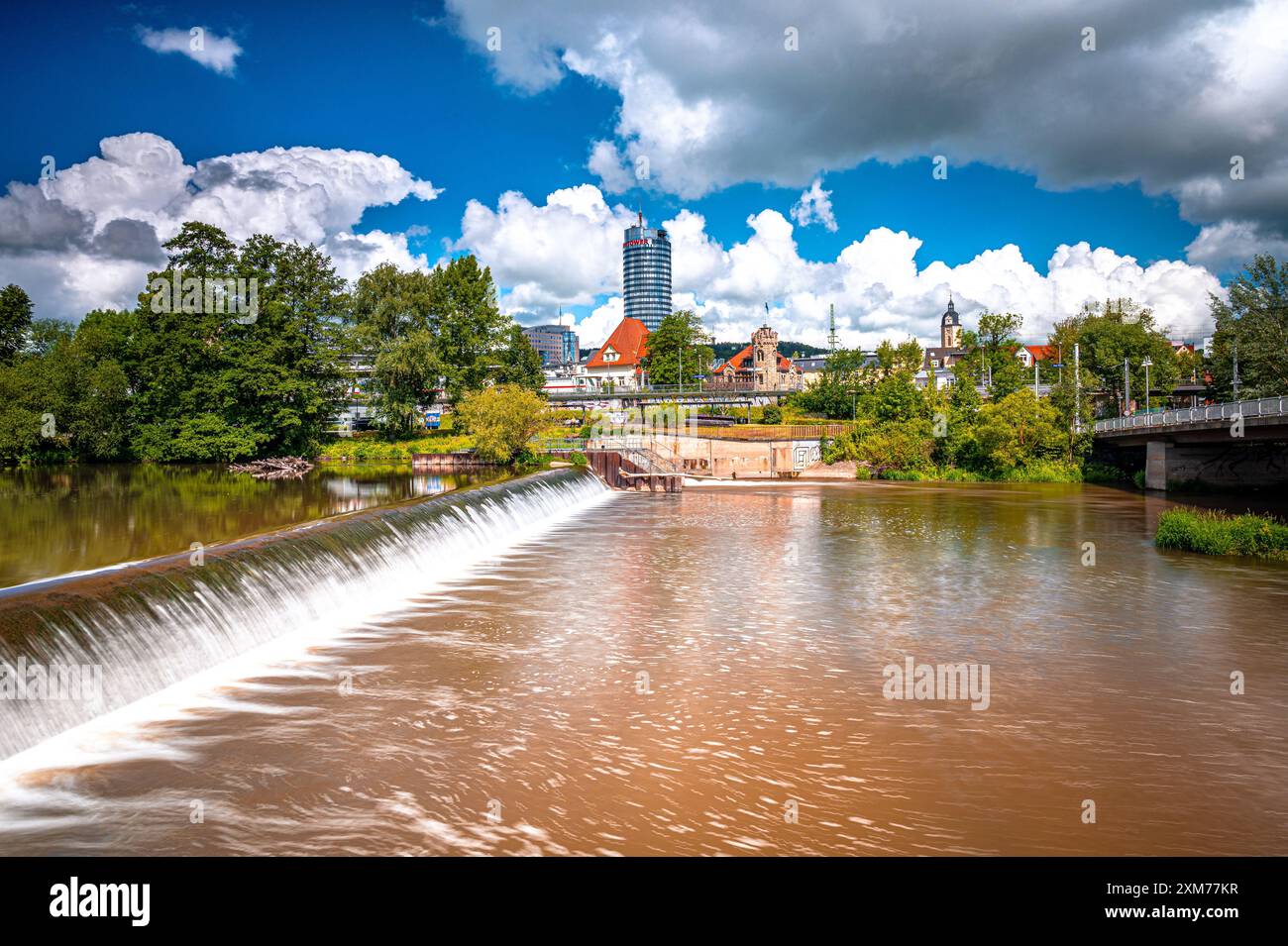 Saale weir and bridge in Jena im Paradies with the Jentower and the ...