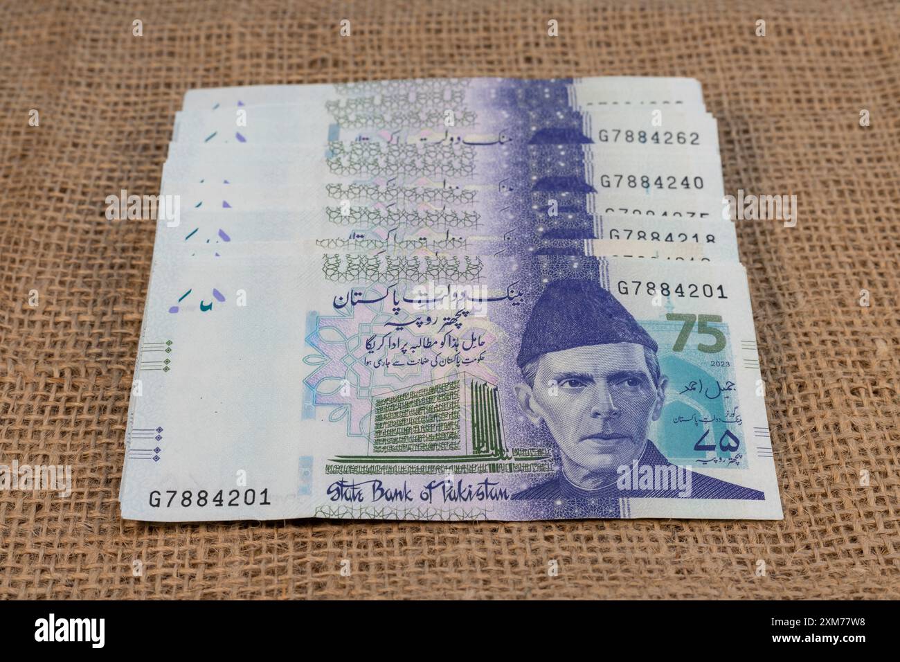 Pakistan new seventy five rupees blue commemorative notes Stock Photo ...