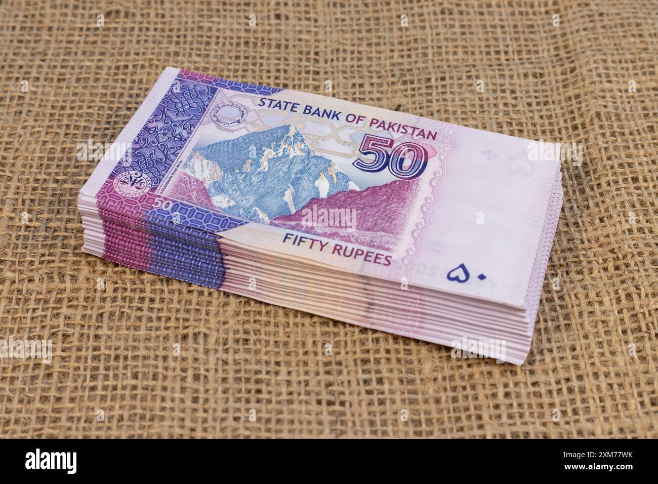 Pakistan fifty rupee notes bundle with a portrait of Karakoram Peak ...