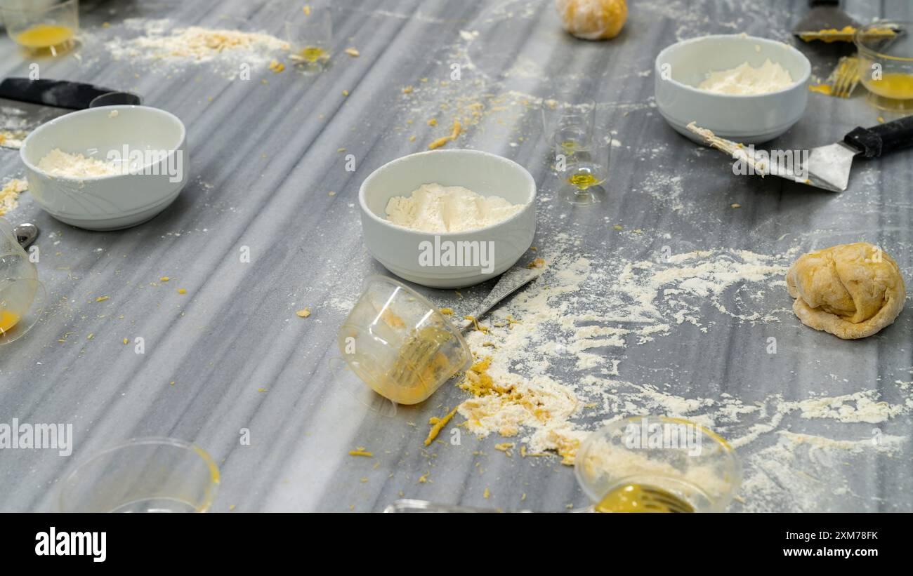 Table full of messy ingredients while baking. Creative mess in the ...