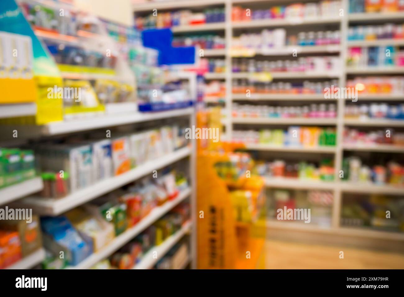 Pharmacy drug store interior blurred background with medicine on ...