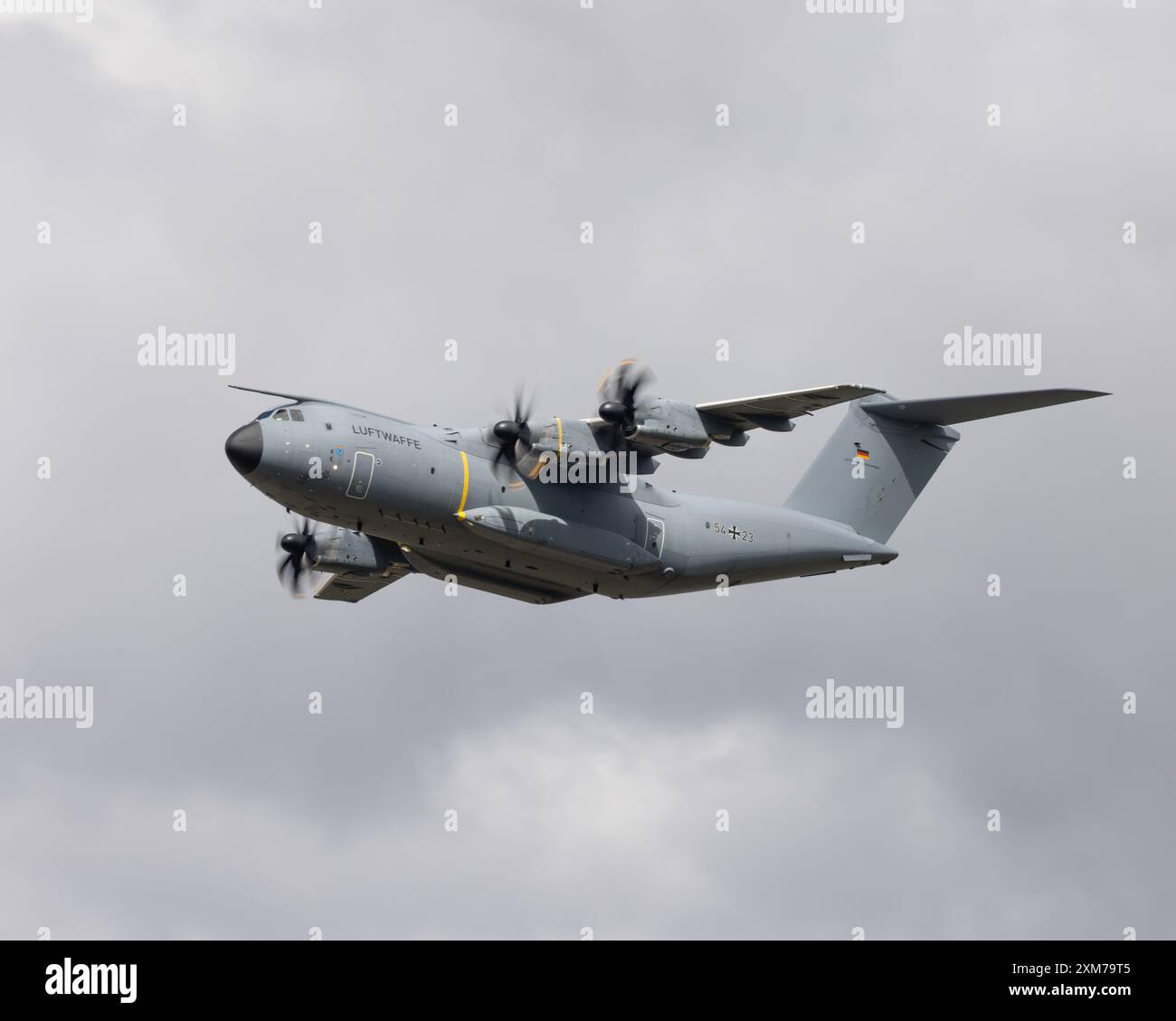 A German Luftwaffe military Airbus A400M transport aircraft flying at ...
