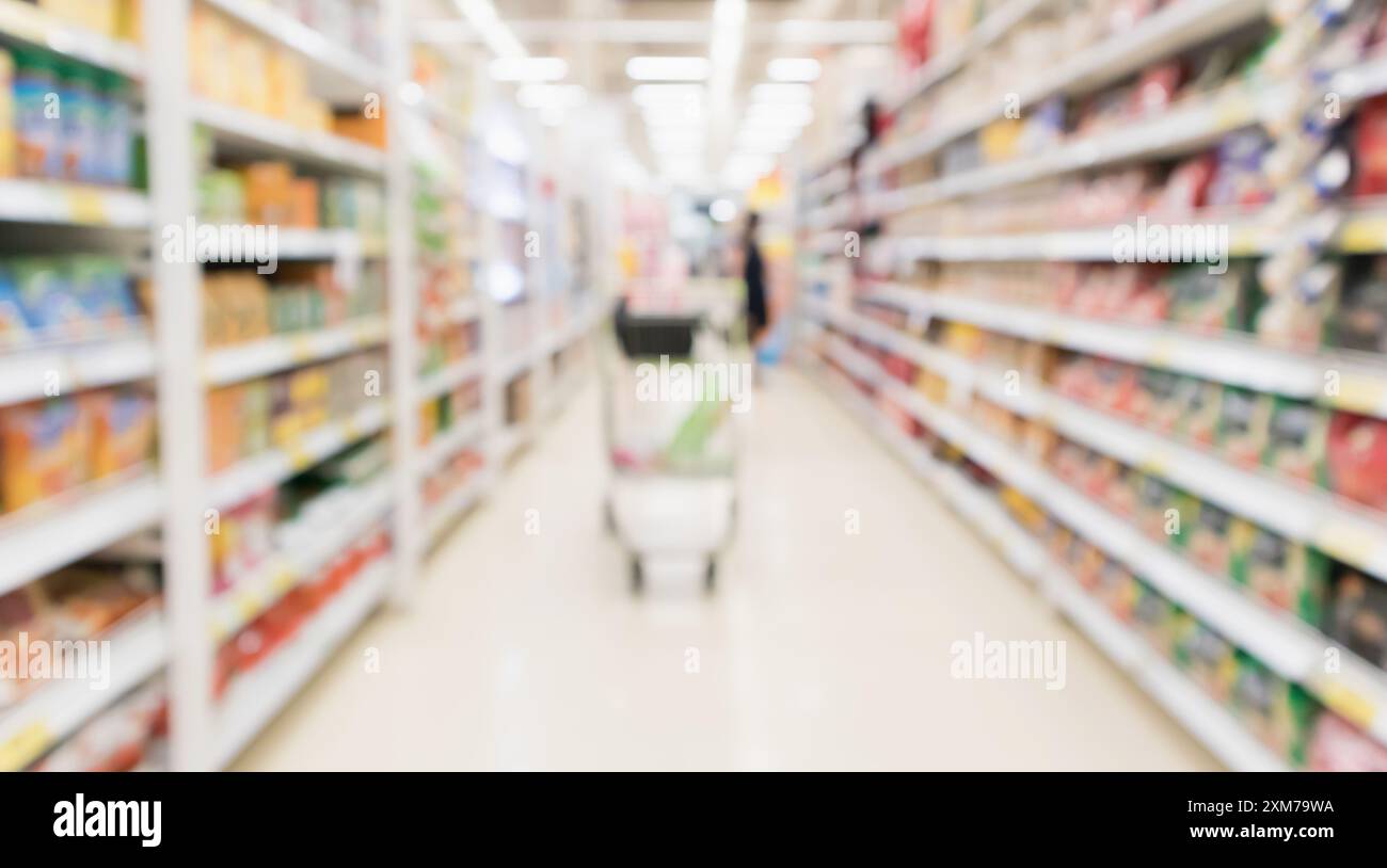 Abstract blur supermarket discount store aisle and product shelves ...