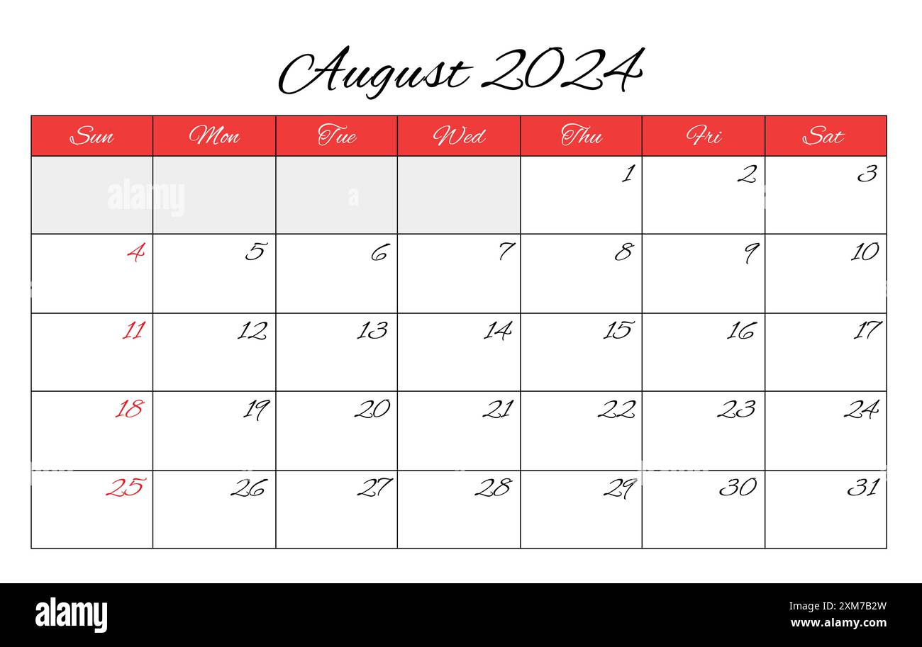 August 2024 ENGLISH month calendar. Vector printable illustration ...