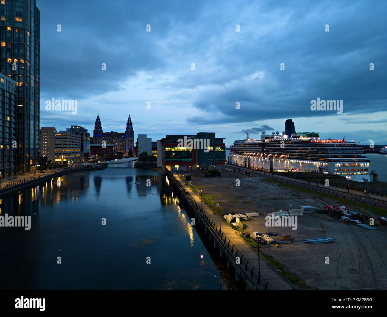 Aerial view along Princes Dock Liverpool towards the Liver Building ...