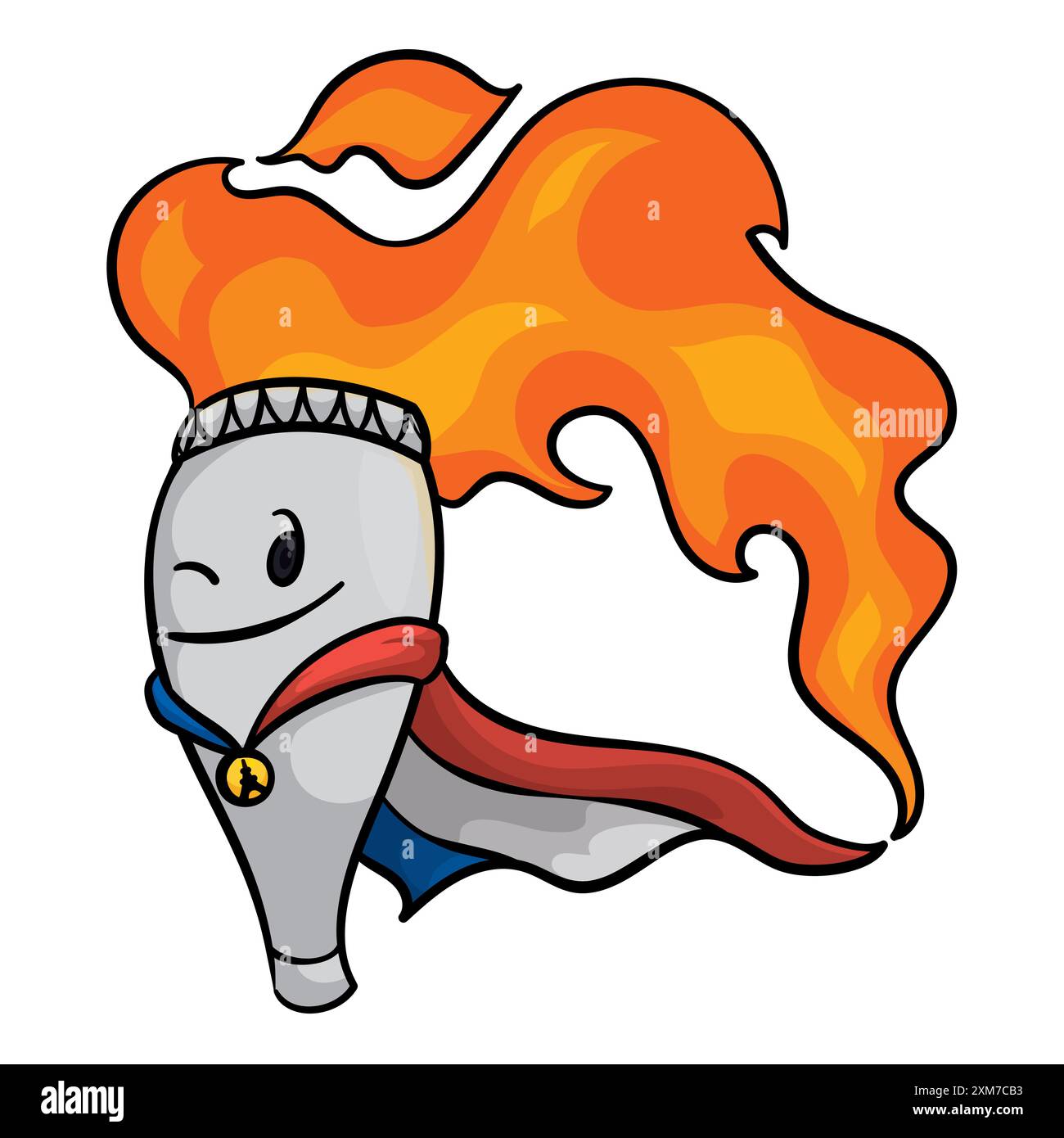 Winking character as flaming torch covered with French flag like cape ...