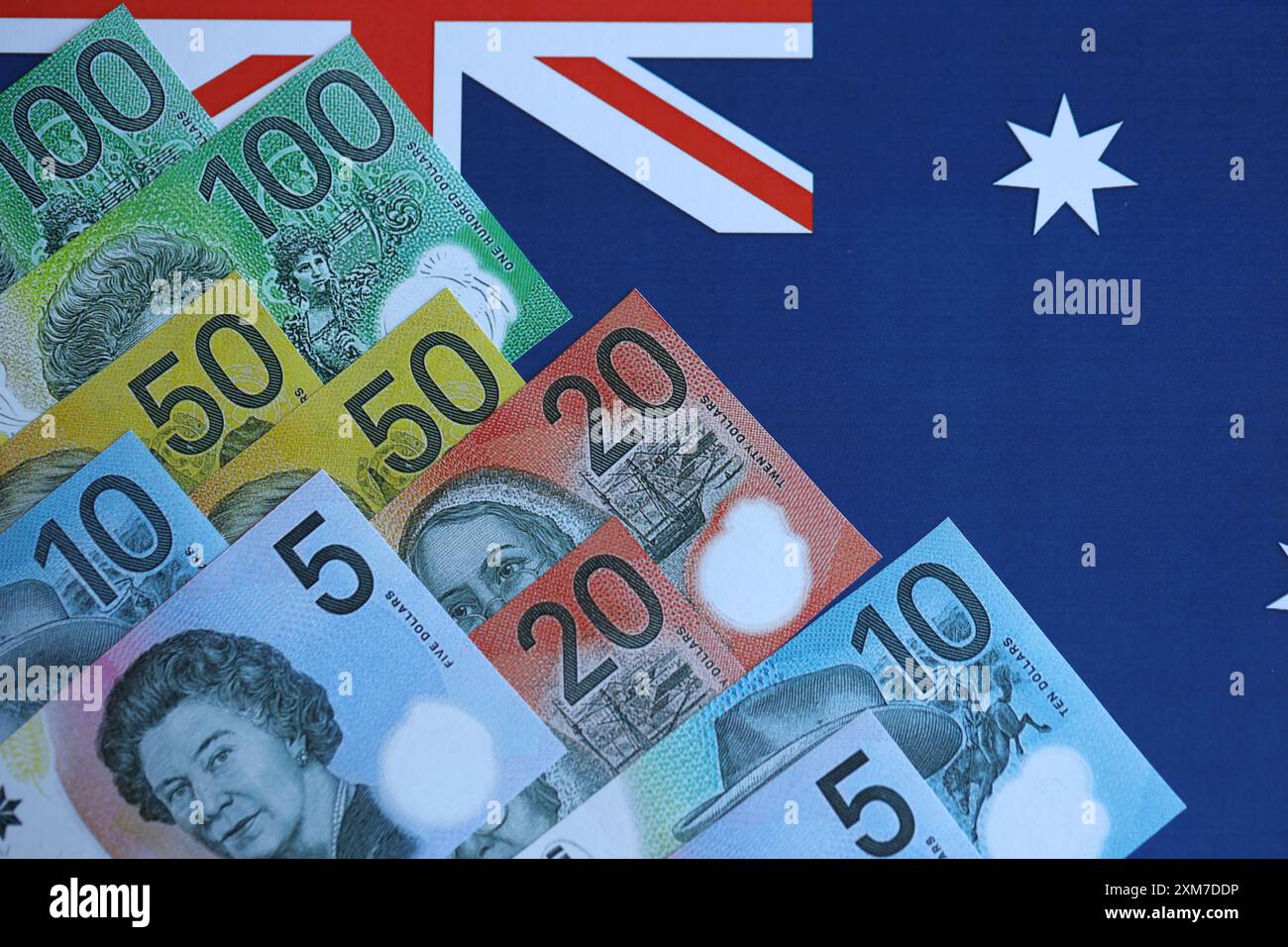 KYIV, UKRAINE - JULY 10, 2024 Australian Dollar bills on table close up ...