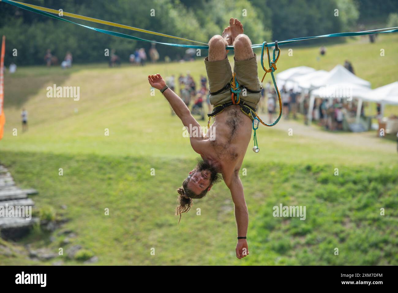 Serina Italy July 21, 2024: Tightrope walker walking on a rope ...