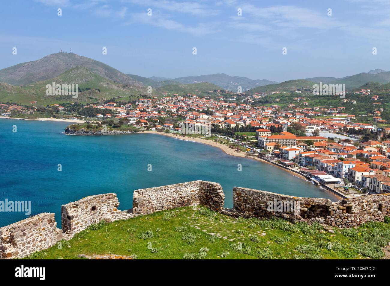 The town of Myrina, in Lemnos island, Greece, and part of the castle of ...