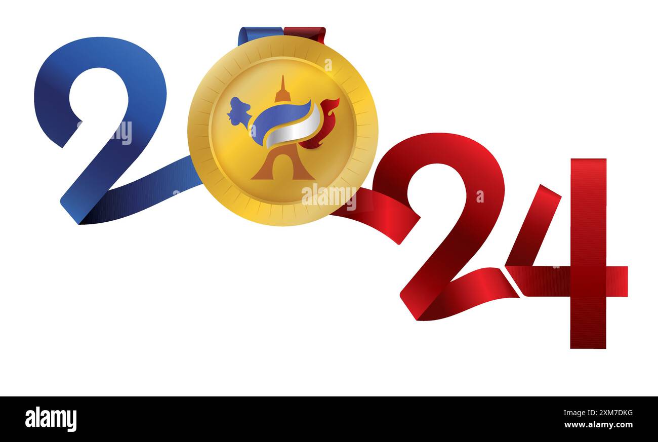 2024 number made with ribbons and golden medal decorated with a rooster ...