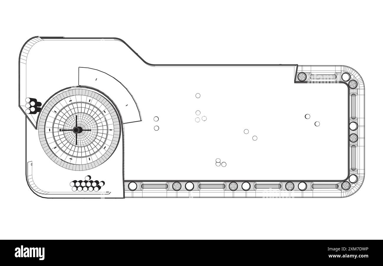 Outline Casino roulette wheel with casino chips on table. View from ...