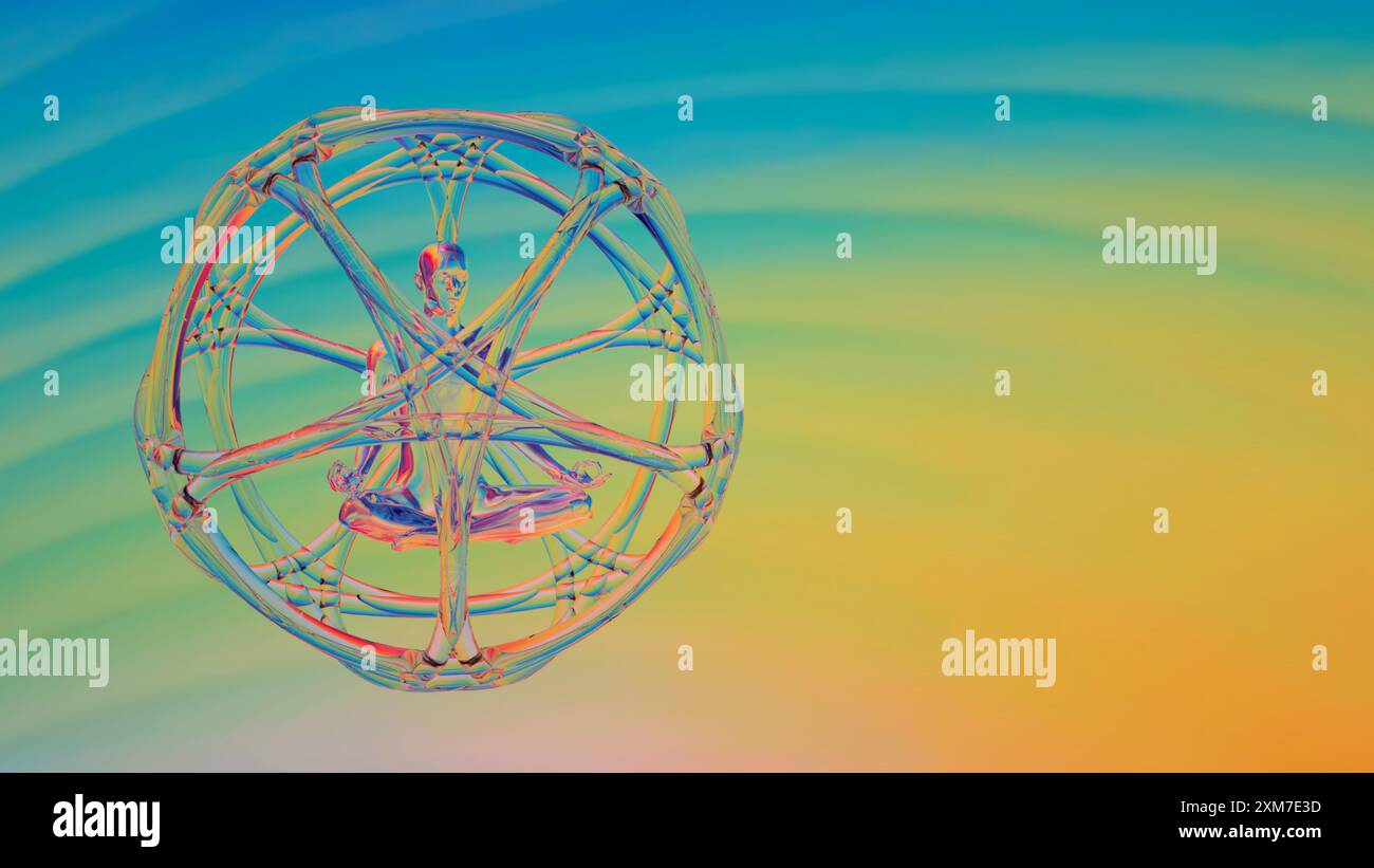 3d illustration of a glass merkaba with a meditating yogi inside flying ...