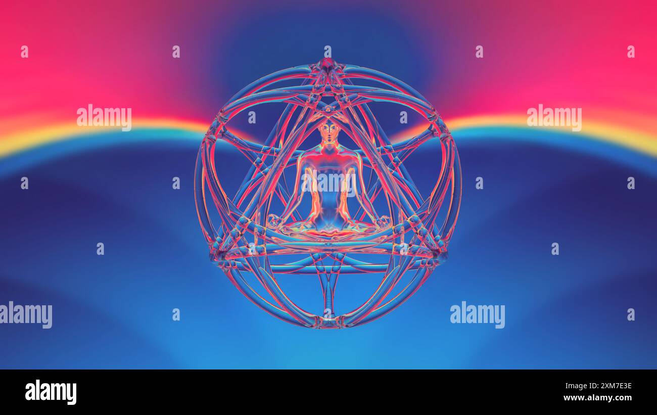 3d illustration of a glass merkaba with a meditating yogi inside flying ...