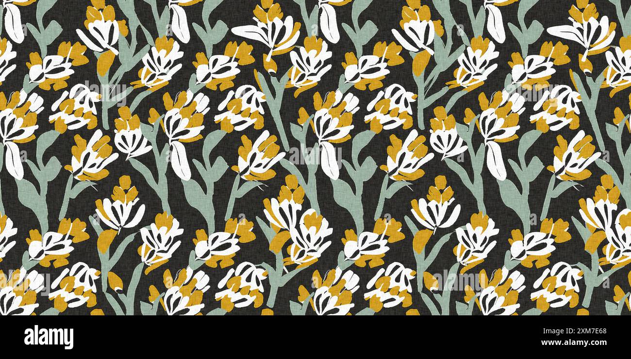 Modern printed fabric flower block print pattern with linen texture ...