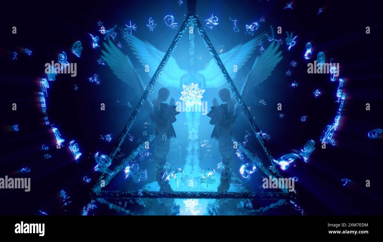 3d illustration of three angels praying standing around a glowing ...