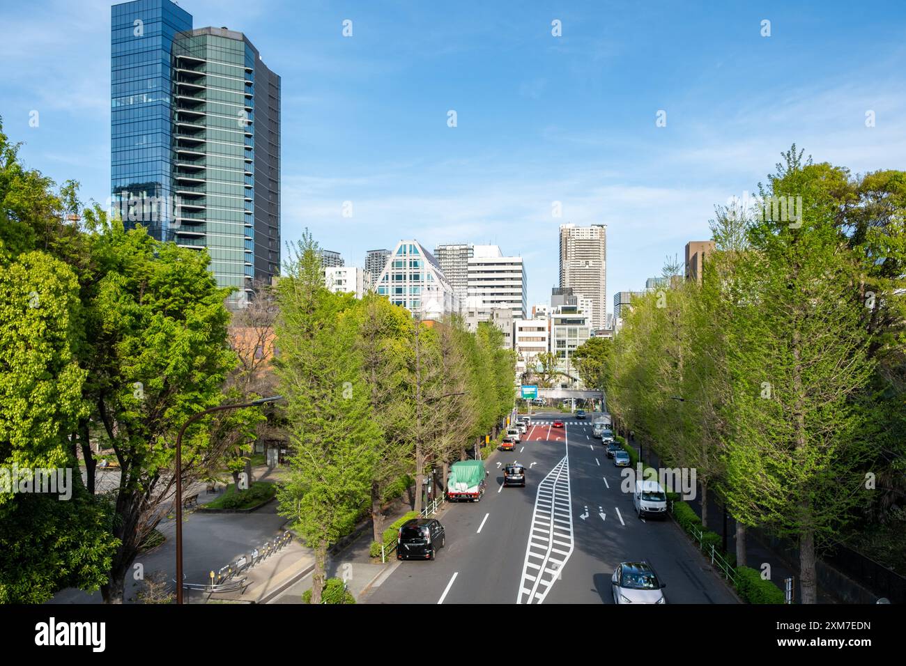 Tokyo city high rise buildings, road signs and cars on street, above ...