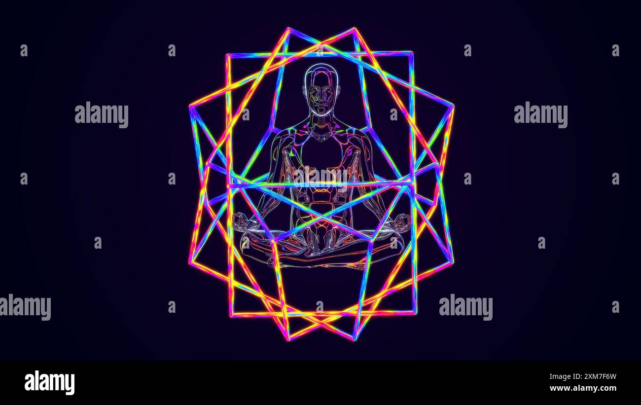 3d illustration of a person meditating inside colorful cubes. this ...
