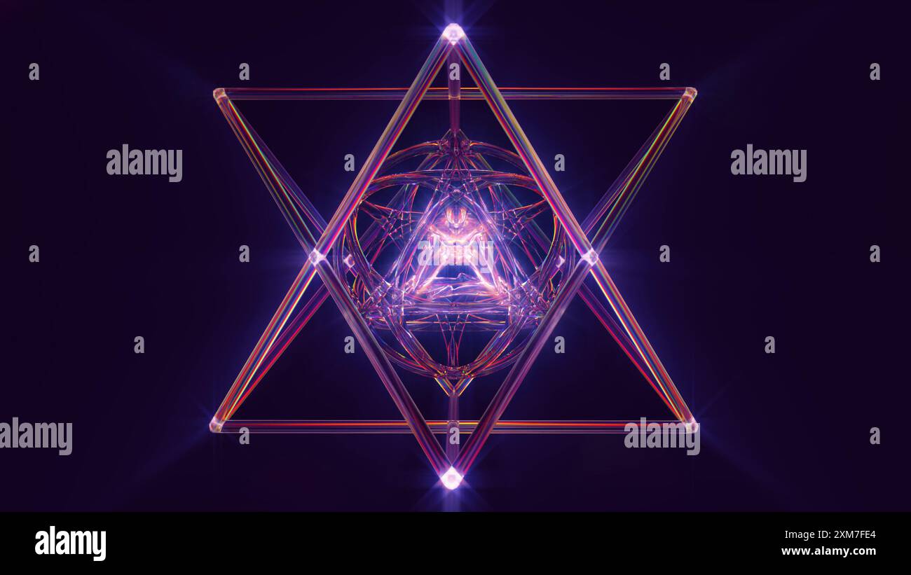 3d illustration of a glass merkaba with a meditating yogi inside flying ...