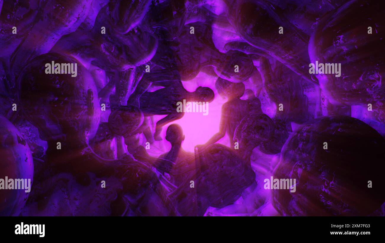 3D illustration many meditating beings look at the source of divine ...