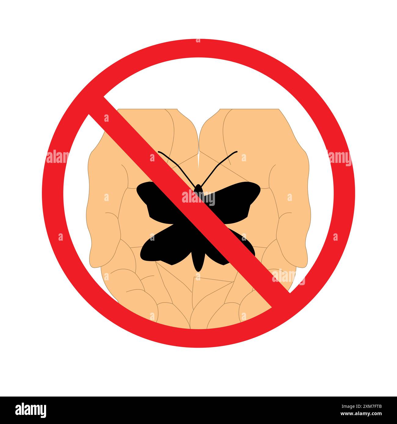 Hands holding the silhouette of a butterfly in red prohibition circle ...