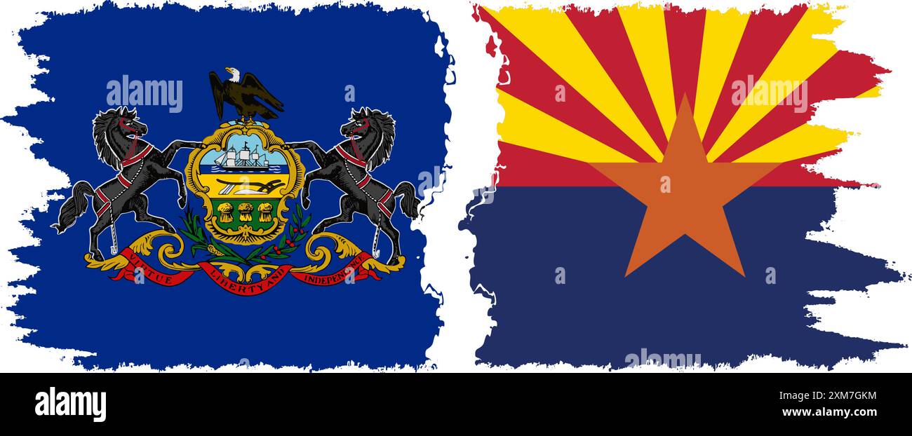 Arizona and Pennsylvania states grunge brush flags connection, vector ...