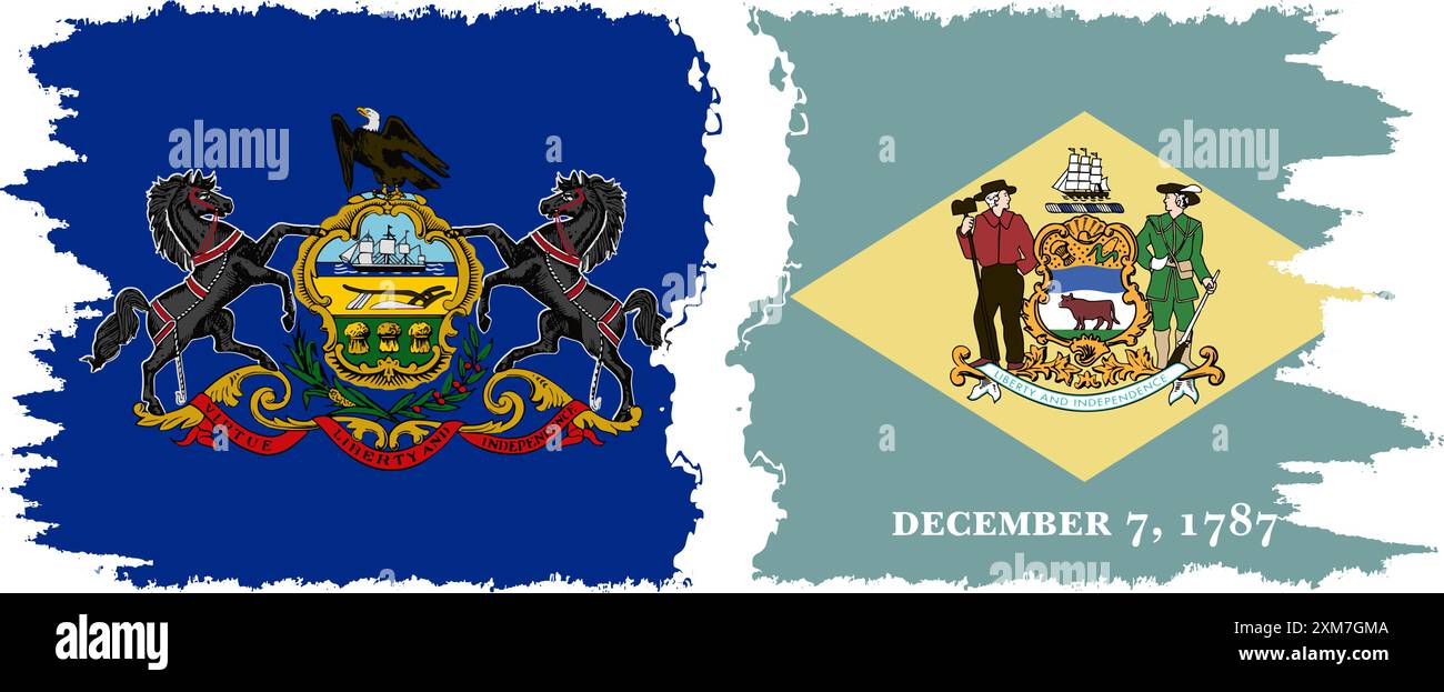 Delaware and Pennsylvania states grunge brush flags connection, vector ...