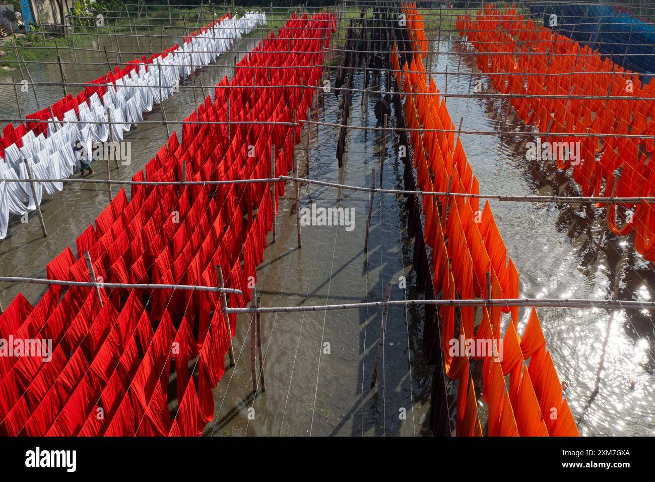 Workers are busy drying dyed clothes in various dyeing factories at ...