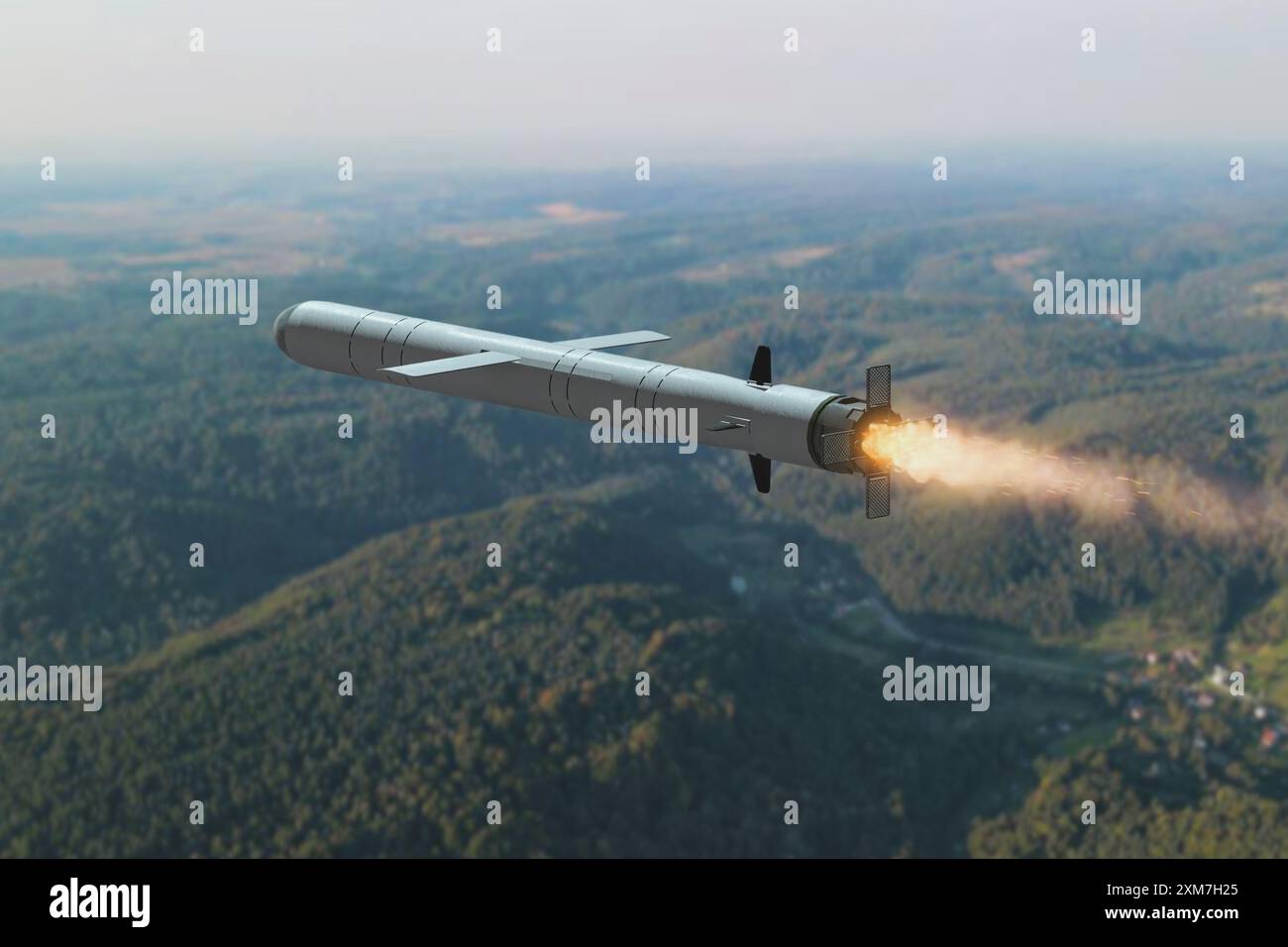 Ballistic military missile Kalibr flying in the sky above the ground ...