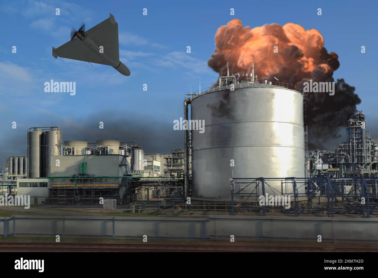 Drone flying over oil depot, oil tank burning and smoking, refinery ...