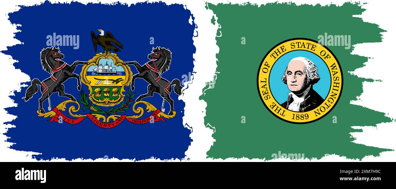 Washington and Pennsylvania states grunge brush flags connection ...