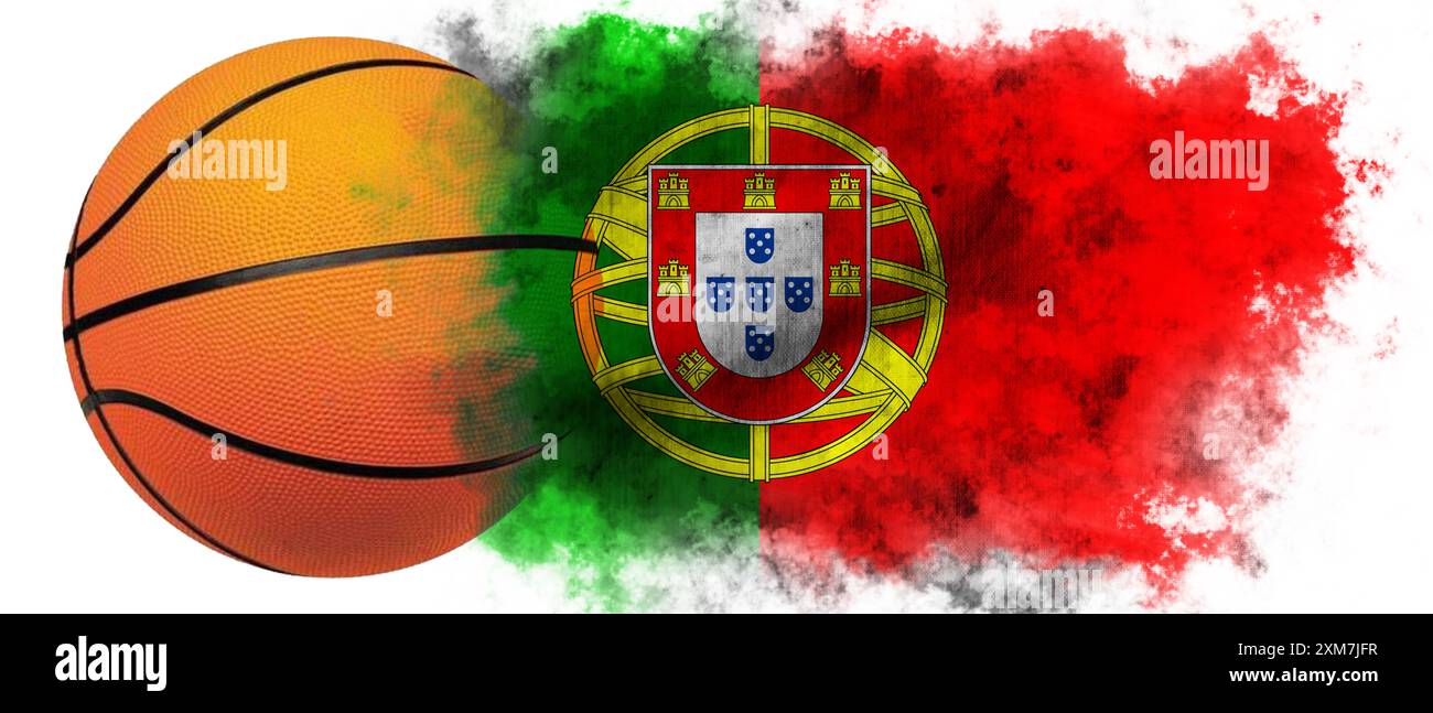 White background with basketball ball and flag of Portugal Stock Photo ...