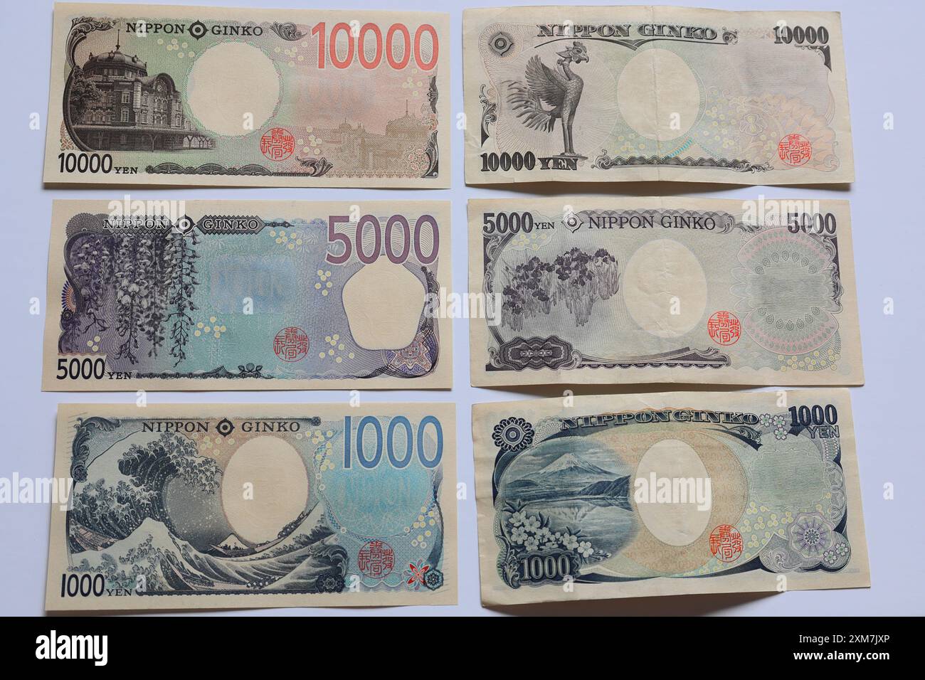 Overview of both sides of Japan's old & new banknote series, featuring ...