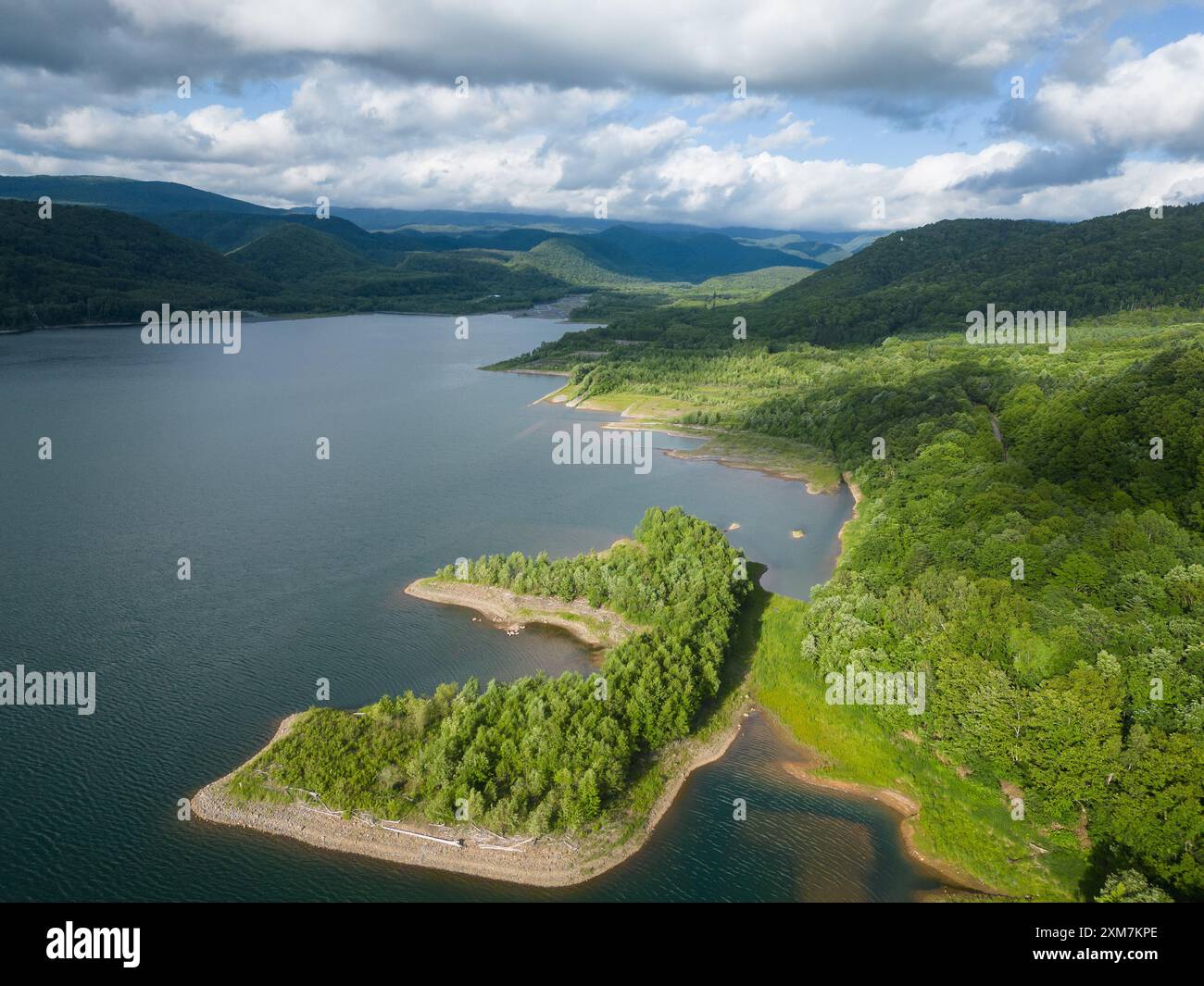 Hokkaido, Japan: Aerial view of the Chubetsu revervoir along the ...
