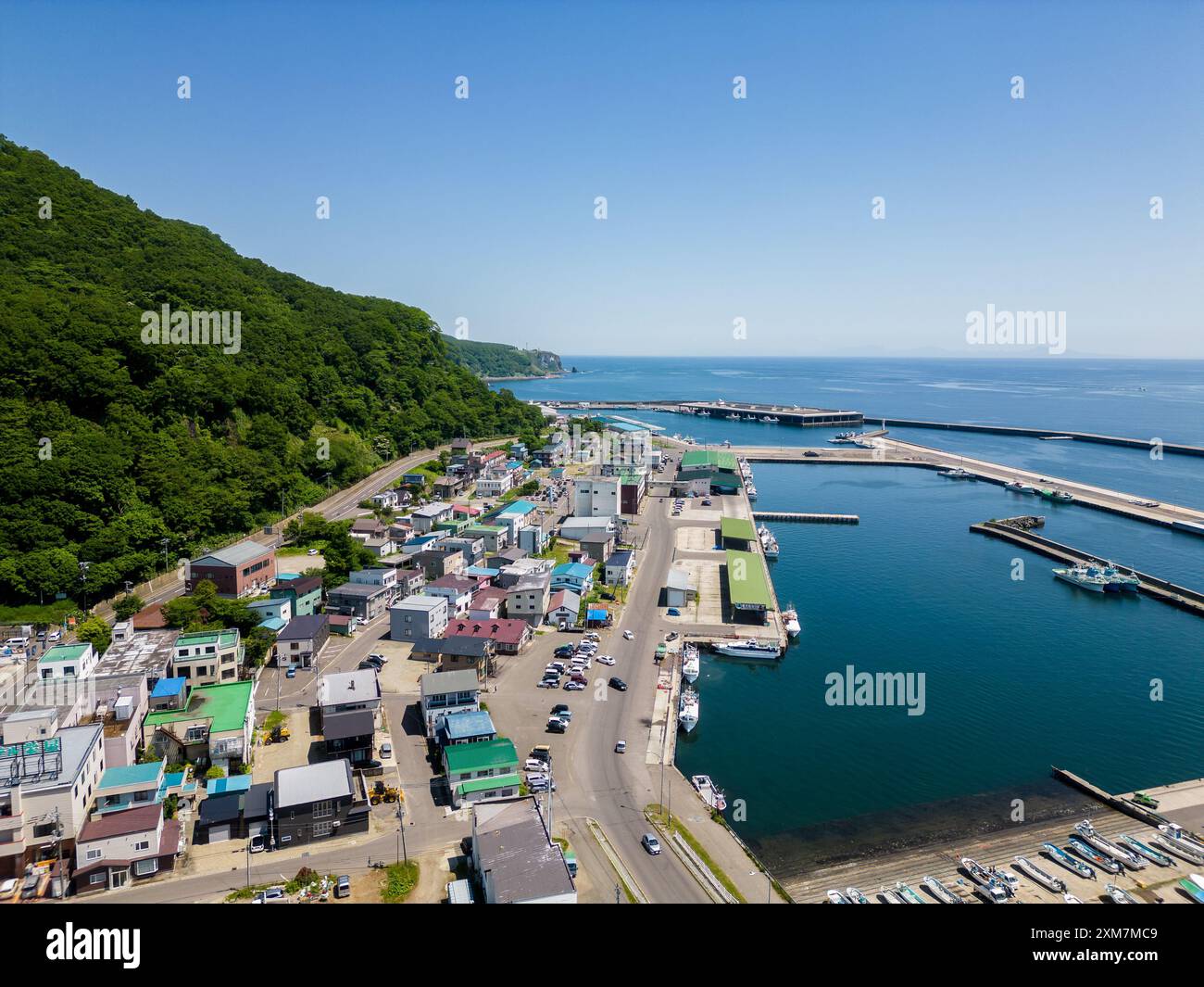Rausu, Hokkaido: Aerial drone view of the Rausu town and harbor in the ...