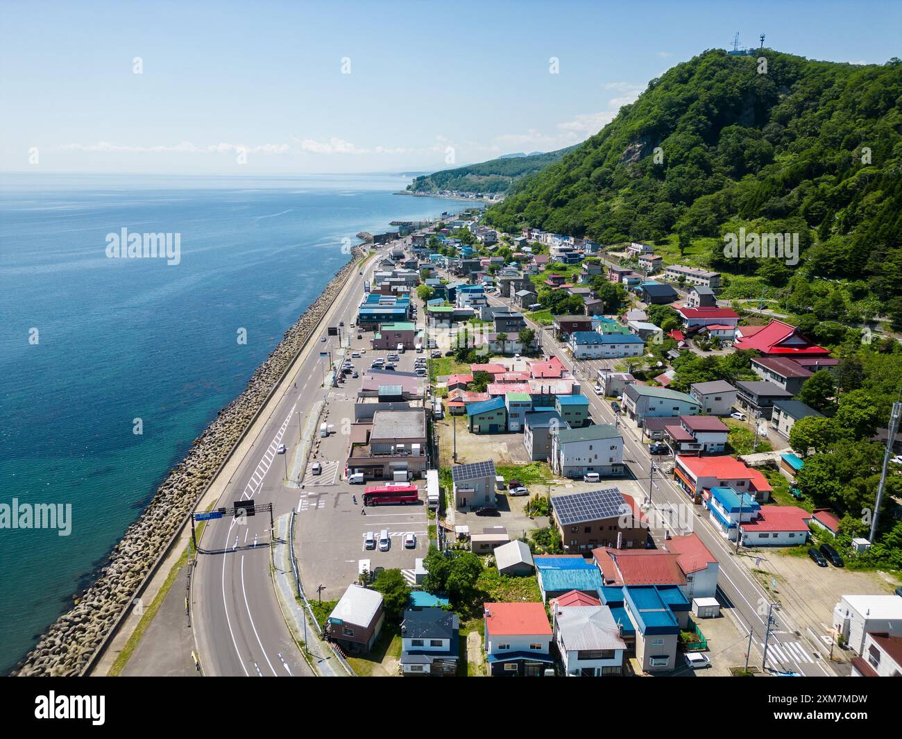 Rausu, Hokkaido: Aerial drone view of the Rausu town in the Shiretoko ...