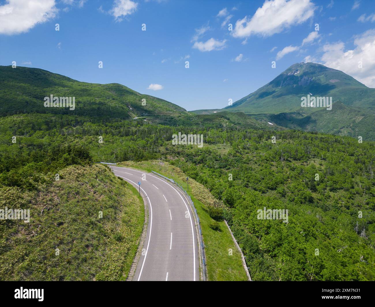 Rausu, Hokkaido: Aerial view of the Shiretoko pass road with the Mt ...