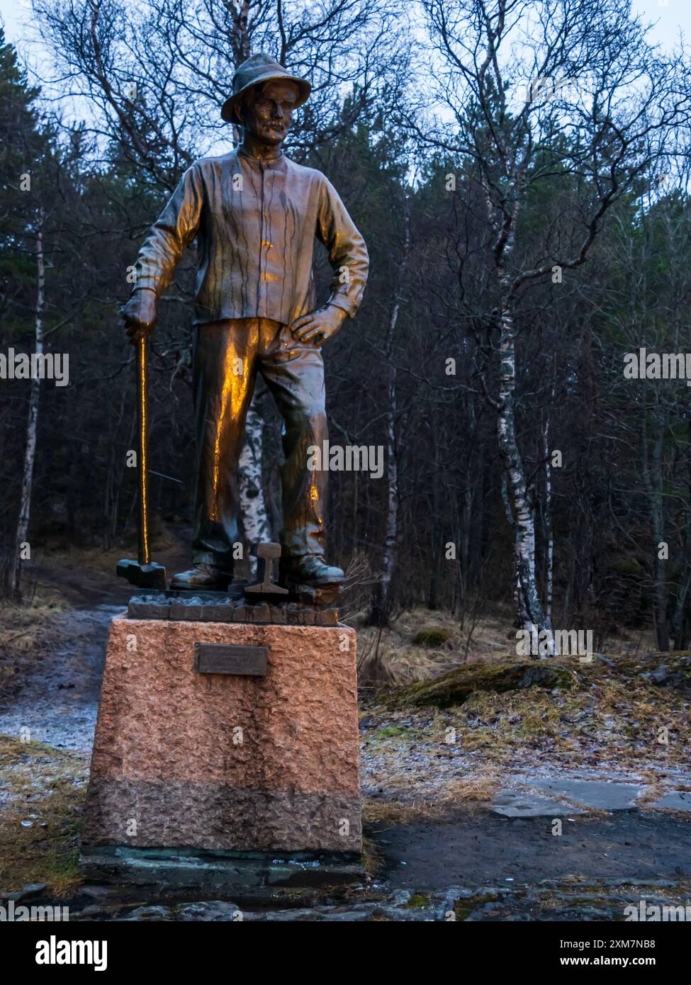 Narvik, Norway - Mar, 2023 -. Railway builder monument in winter ...