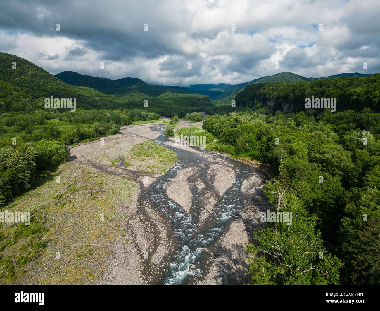 Hokkaido, Japan: Aerial view of the Chubetsu river in the Asahidake ...
