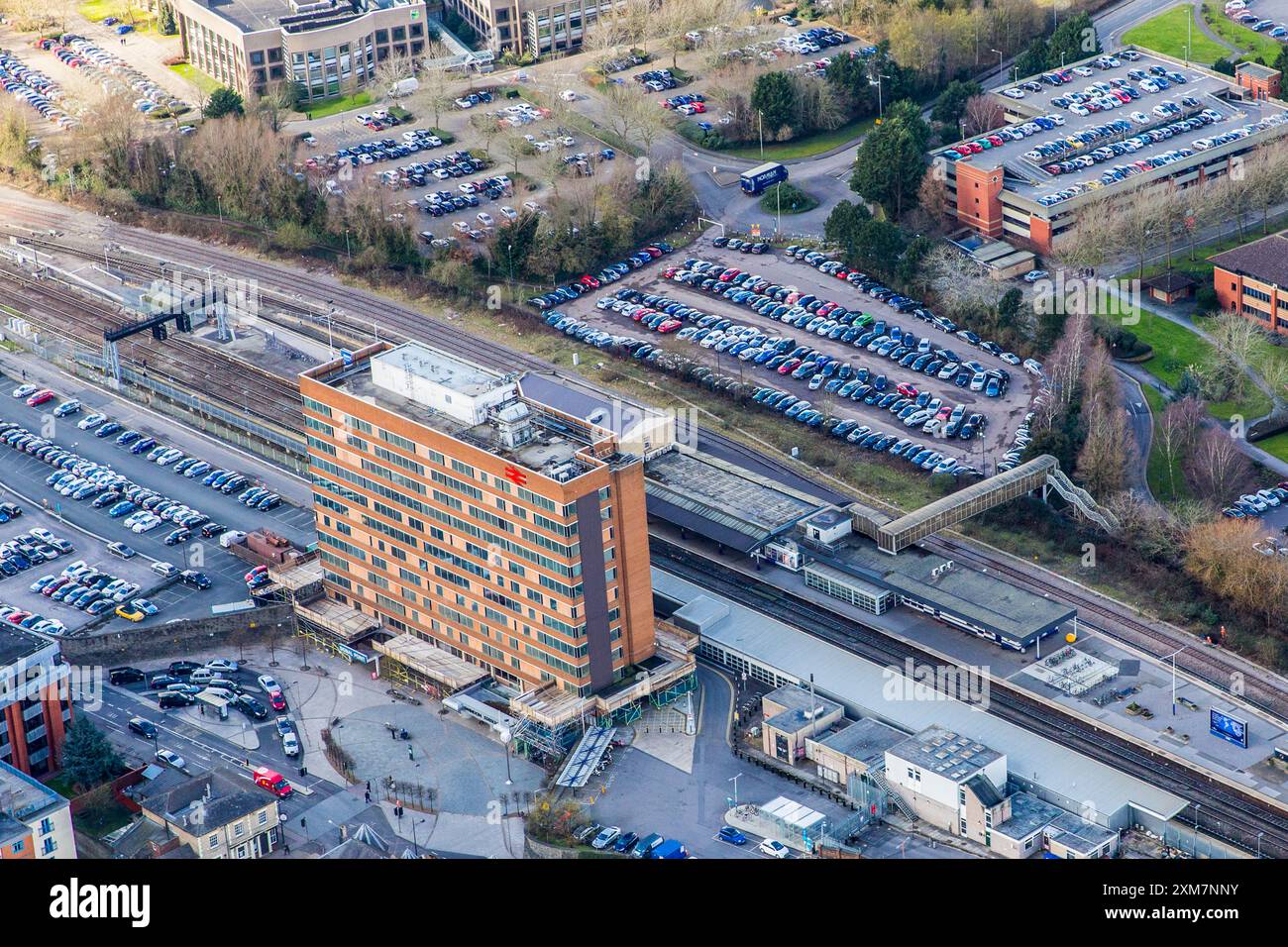 Swindon Railway Station Taken from Helicopter with train tracks and ...