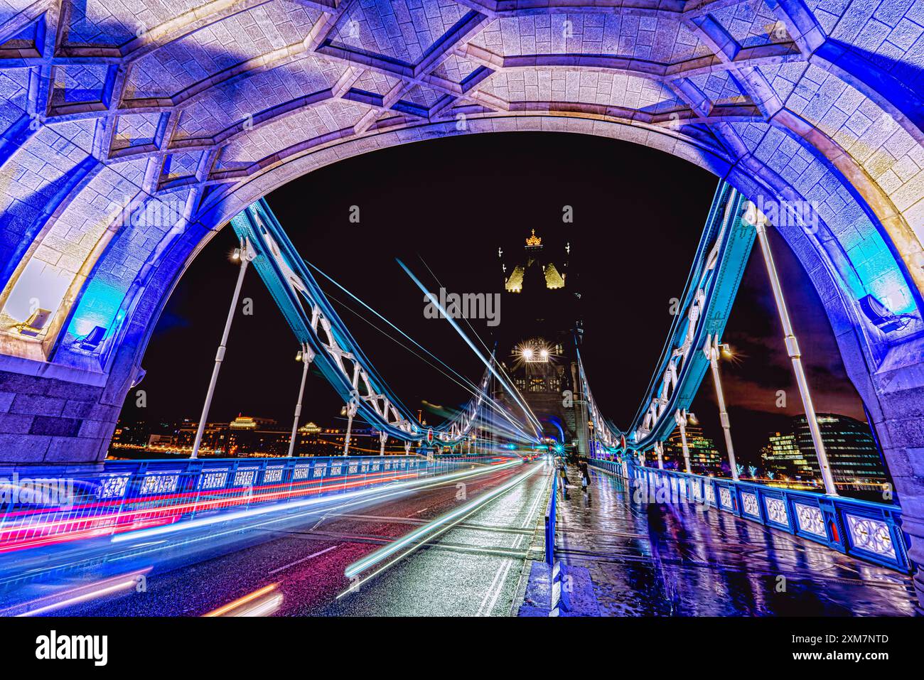 Tower Bridge London taken at night with slow shutter with light streaks ...