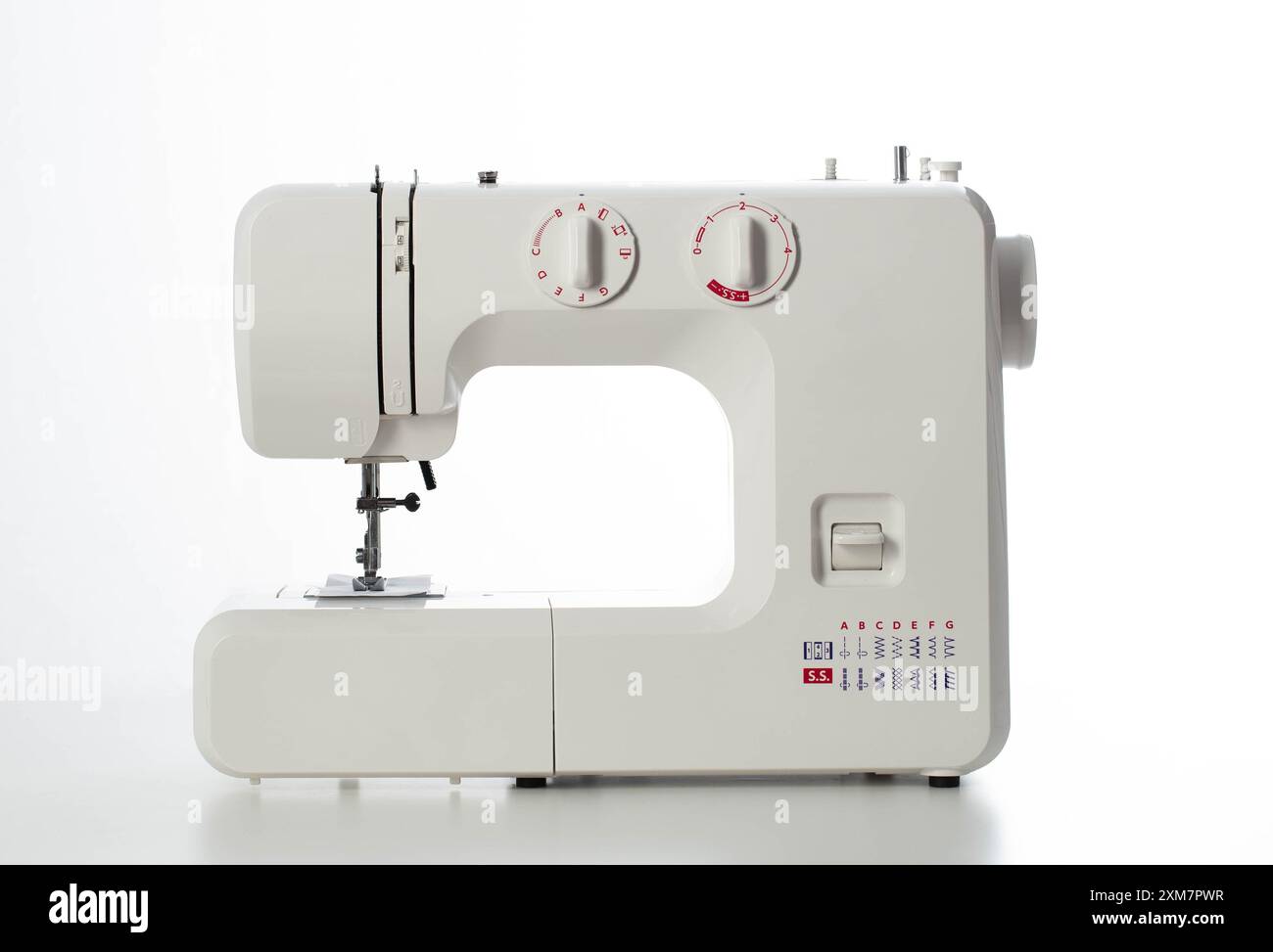 Automatic modern sewing machine with overlock on a white background, isolate. Studio concept ...